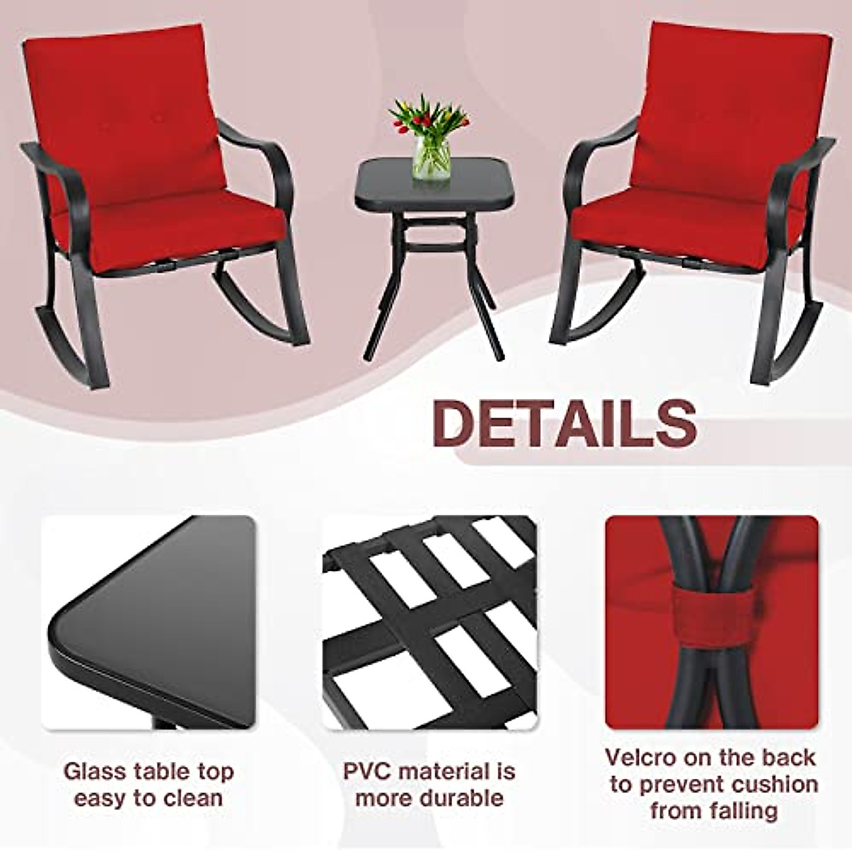 Omelaza 3 Pieces Outdoor Rocking Bistro Set, Patio Steel Furniture, Porch Chairs Conversation Set with Thickened Cushion and Glass Top Coffee Table (Red)