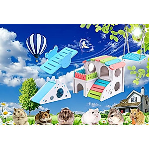 Magnoloran 4 Pack Hamster Toys Set Wooden Hamster House Guinea Pig Hideout Pet Sport Exercise Toys Hamster Cage Accessories Including Hamster Villa, Swing, Seesaw, Ladder for Gerbil Hamster Hedgehog