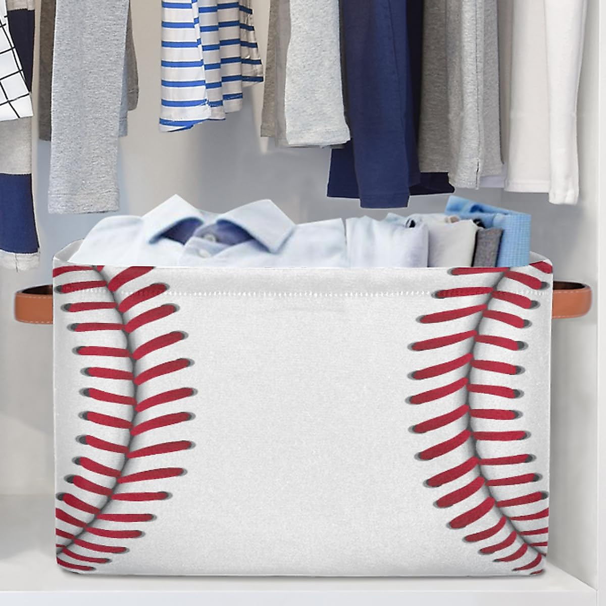 Baseball Storage Bin Basket,Sport Softball Large Toys Storage Cube Box with Handles, Collapsible Laundry Basket Rectangular Waterproof Storage Organizer Bin for Nursery Bedroom Shelves Gift Basket