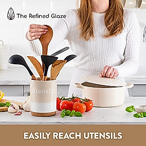 The Refined Glaze Farmhouse Utensil Holder for Countertop - Ceramic Farmhouse Utensil Holder (7in x 5in) - Large Elegant Kitchen Storage Organizer for Spatulas and Spoons (Beige and White)