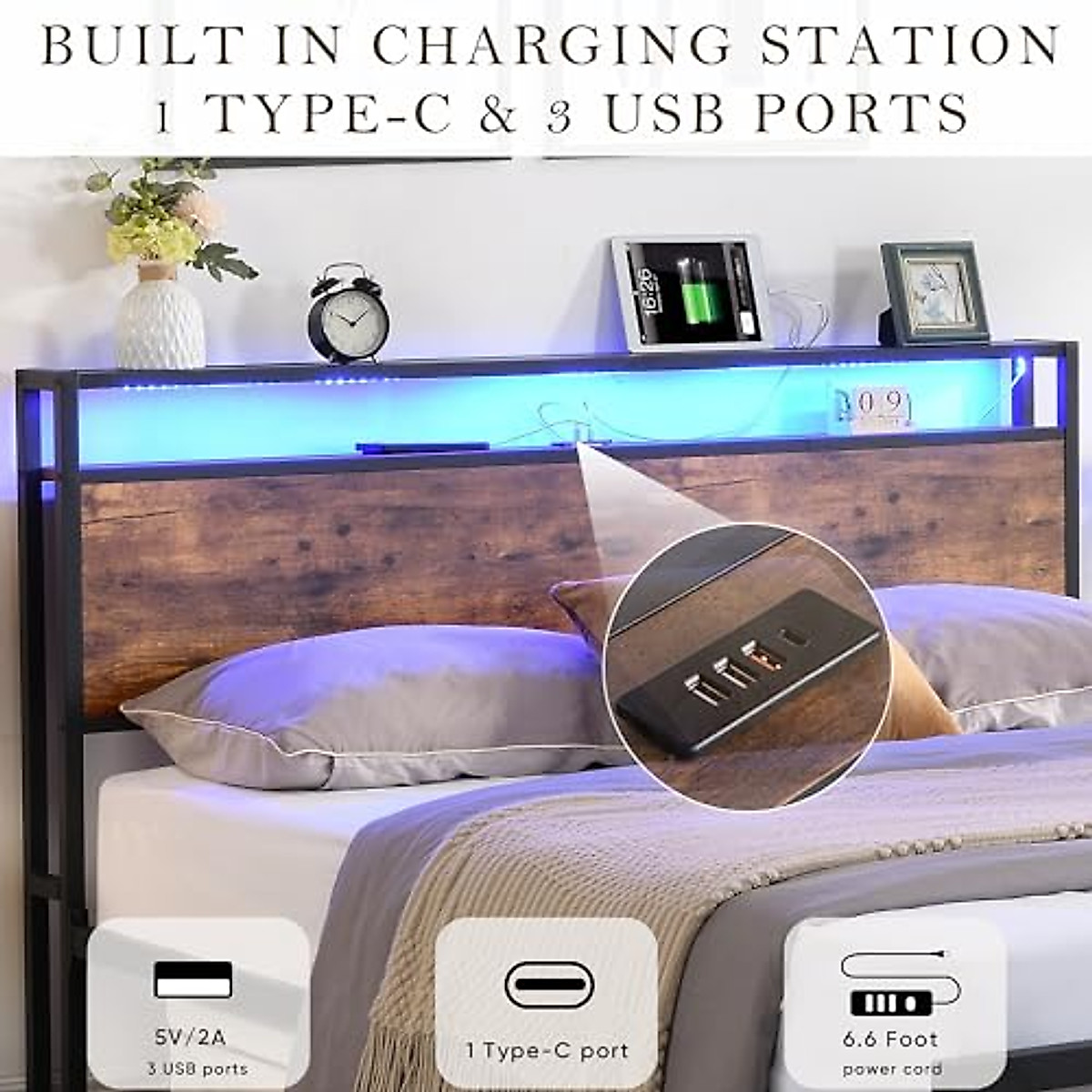 BACSWIHOM Queen Size Bed Frame with Storage Headboard and 2 Drawers, LED Lights Bed with Charging Station, Metal Platform No Noise, Mattress Foundation Strong Metal Slats Support No Box Spring Needed
