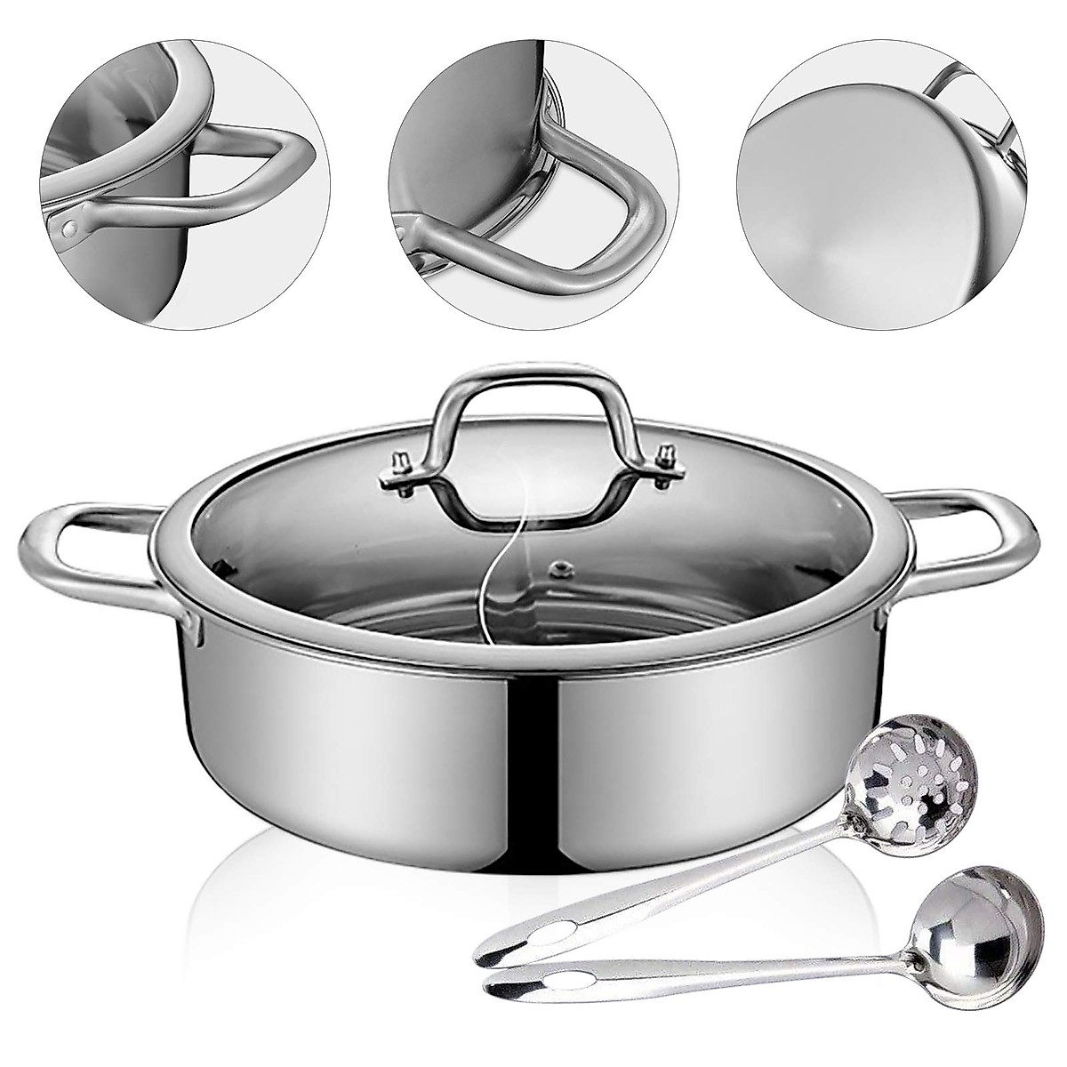 Xuthusman 304 Food Grade Stainless Steel Shabu Shabu Hot pot with Divider&Lid for Induction Cooktop Gas Stove Dual Sided Soup Cookware with 2 Soup Ladles (28cm)