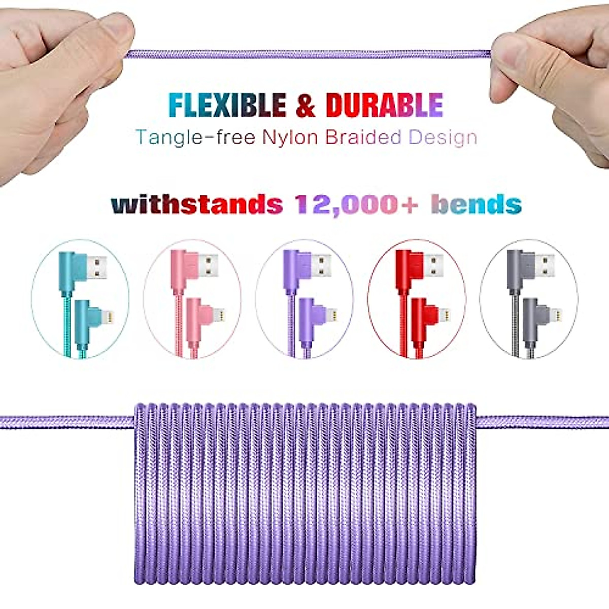 Jeercor iPhone Charger Cord Right Angle Lightning Cable 6FT 5 Pack 90 Degree Nylon Braid Charging Cord Fast Charging Compatible for iPhone 12/12pro/11/11pro/XS/MAX/XR/X/8P/8/7P/7/6 iPad