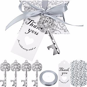 100 Pcs Wedding Favors Key Bottle Opener Wedding Bridal Shower Party Gifts for Guest Bulk Vintage Skeleton Key Bottle Opener with Escort Tag Cards, Candy Boxes and Ribbon (Silver)
