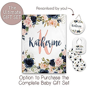 Navy and Blush Floral Personalized Baby Blanket with Name-Custom Baby Blankets for Girls- Personalized Baby Girl Shower Gifts - Personalized Baby Blankets for Girls with Name Blush