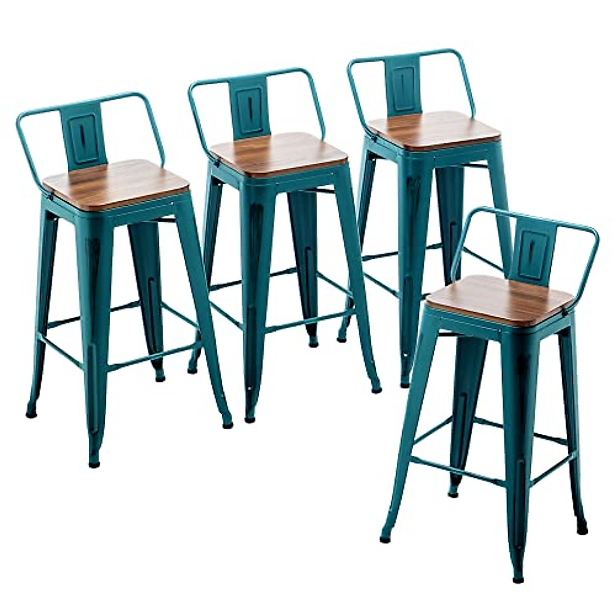 Alunaune 26" Metal Bar Stools Set of 4 Industrial Counter Height Barstools Kitchen Counter Stool Modern Wood Seat-Distressed Teal