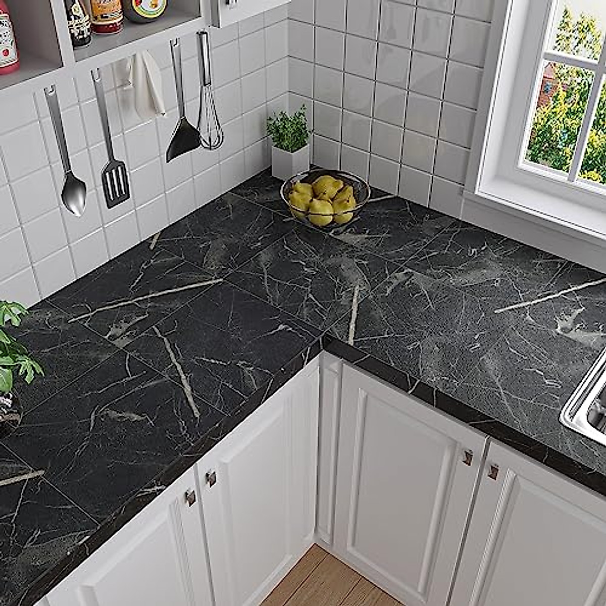 VaryStyle 20 Pack Black Marble Peel and Stick Waterproof Vinyl Floor Tiles 12"x12" Self Adhesive Removable Sticky Tiles for Kitchen Bathroom Bedroom Floor Walls