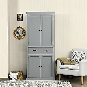 Huippy 72 inch Double Door Cupboard Freestanding Kitchen Pantry Cabinet with Four Adjustable Shelves and One Large Drawer for Kitchen Living Room Bedroom Hallway Home Office Storage (Gray)