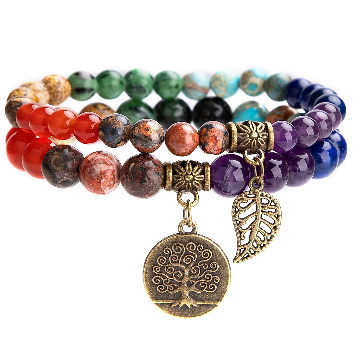Bivei Natural Semi Precious Gemstone Beads Bracelet for Women - Life Tree and Leaf Charm Chakra Energy Healing Anxiety Stretch Bracelets(7 chakras Beads)