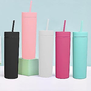 Skinny Tumblers with Lids and Straws Bulk.Matte White Slim Tumbler Cups with Straws.22 oz Plastic Pastel Double Walled Acrylic Skinny Tumbler Set for Smoothie Ice Coffee.Customizable DIY Gift.