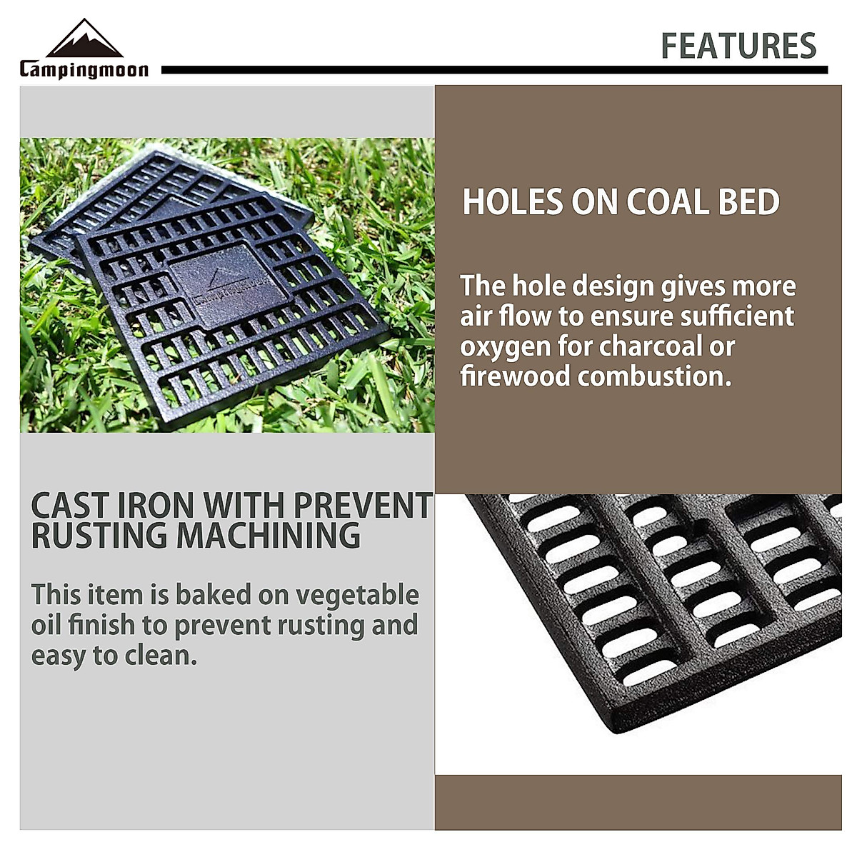 CAMPINGMOON Cast Iron Coal Bed Charcoal Fire Grate 8.27x8.27-inch T-210