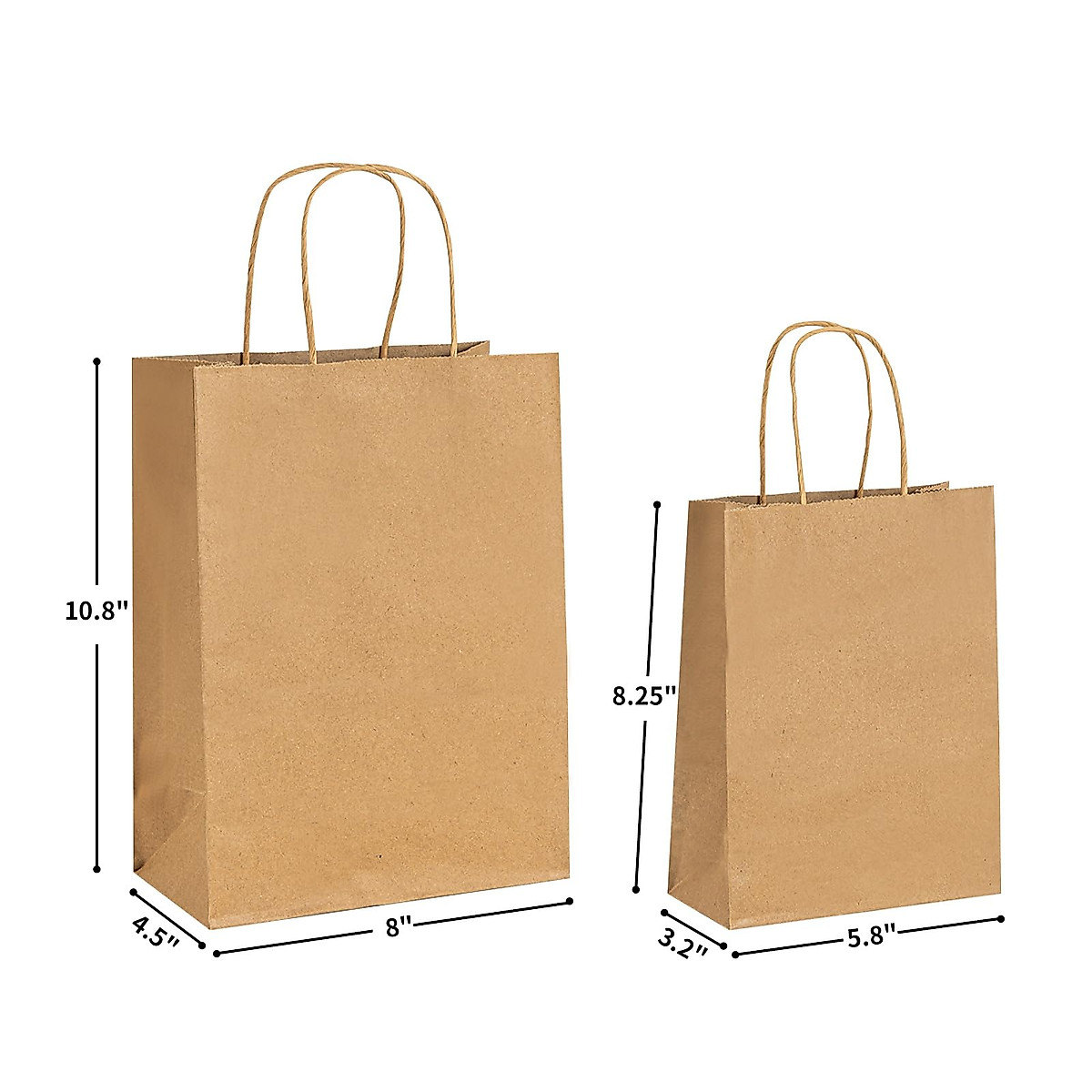 RACETOP 50 PCS Custom Kraft Paper Bags with Logo for Small Business, 8x4.5x10.8 Inch Medium Size, Personalized Gift Bags, Brown Shopping Paper bag with Handle Bulk, White Goodie Bags