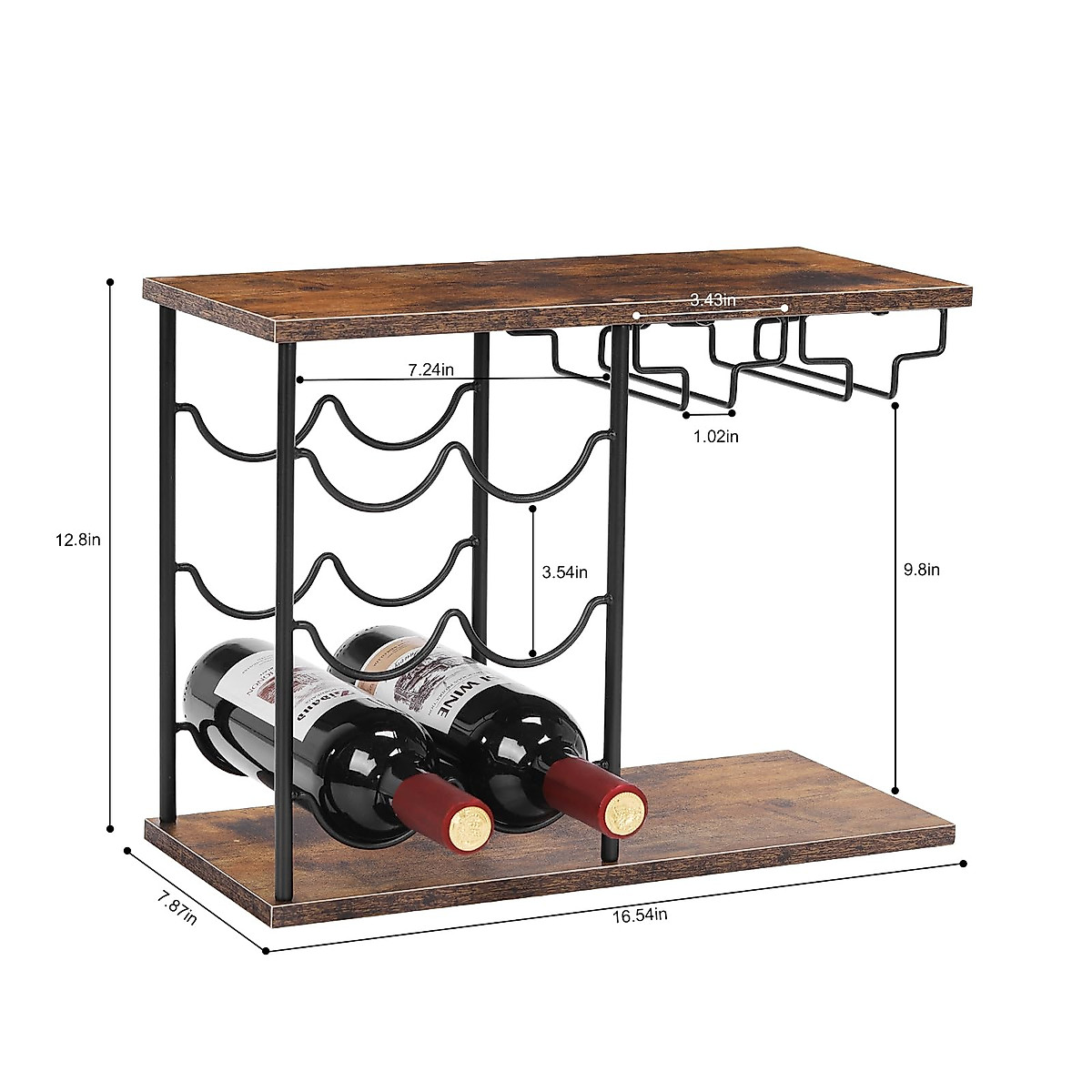 YBING Wine Rack Countertop Wine Holder Stand for 6 Wine Bottles and 4 Glasses Tabletop Small Wine Holder Wooden Wine Bottle Organizer for Kitchen, Bar, Wine Cellar, Cabinet (Brown)