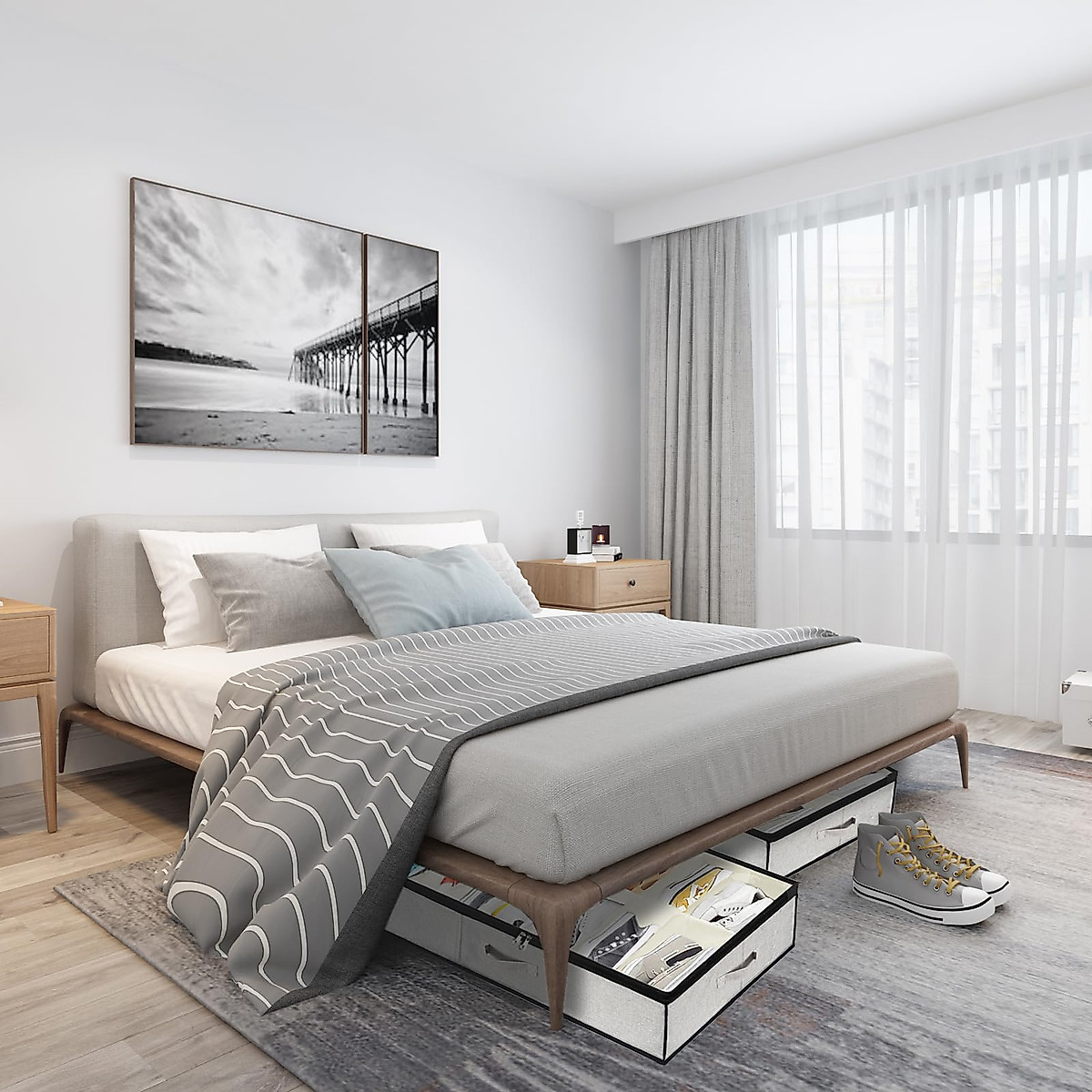 Shoe Storage Organizer Under Bed, 2 Pack Fits 32 Pairs, Extra Large Shoe Container, Breathable Fabric Underbed Storage for Sneakers, Slippers, Closet, Grey