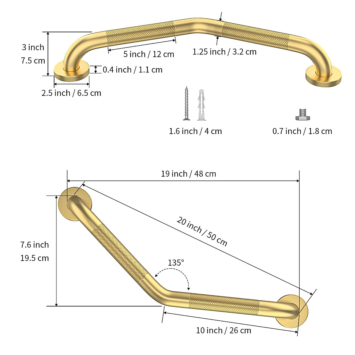 20 Inch Angled Grab Bar 4 Pack, YuanDe Brushed Gold Bathroom Grab Bar Handle w/Anti-Slip Knurled Grip, Stainless Steel Bath Balance Bar, 1.25" Tube Safety Hand Rail Support,Handicap Elderly Senior