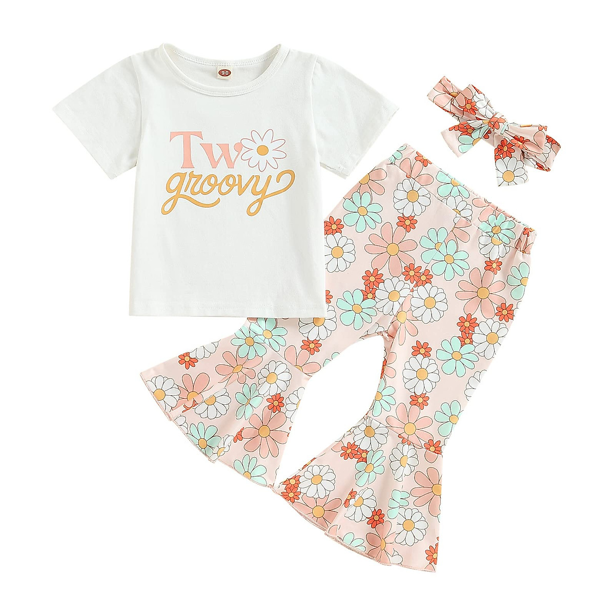 CHAUKAREAUL Toddler Baby Girl 2nd Birthday Outfit Short Sleeve Two Groovy Print Romper Floral Bell Bottom Pants 2 Year Old (White 2nd, 2-3 Years)