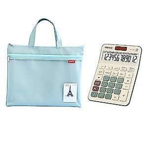 Pocket Small Size Desk Calculator and Large Double Pocket Waterproof File Bag with Handle Bundle