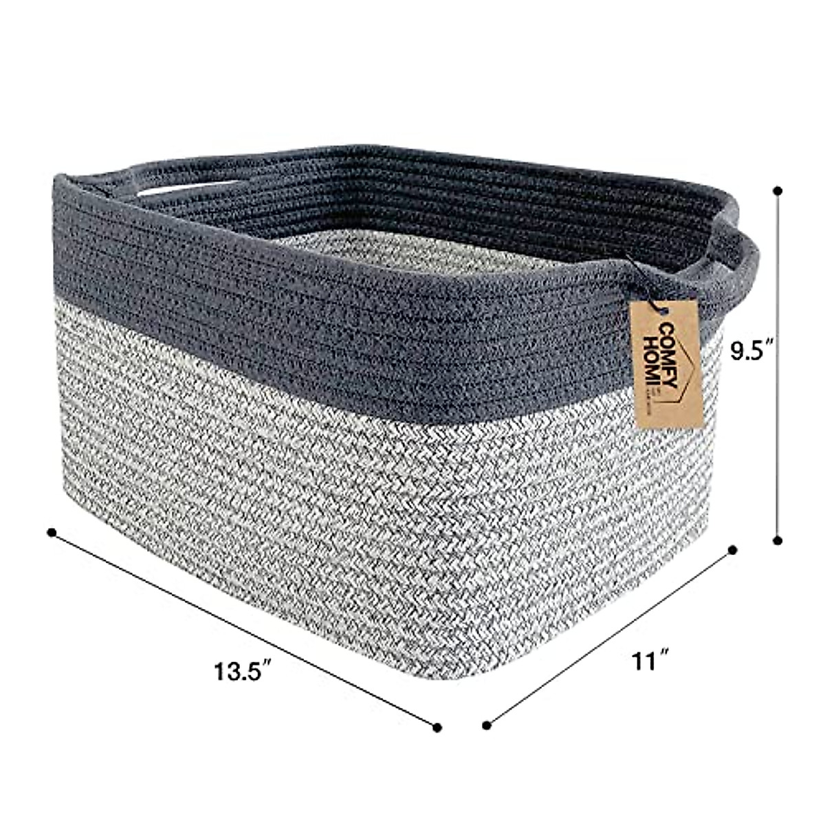 COMFY-HOMI 13.5"x11"x 9.5" Square Cotton Rope Woven Basket with Handle Laundry Storage Bin (Set of 2) Brown and Light Grey