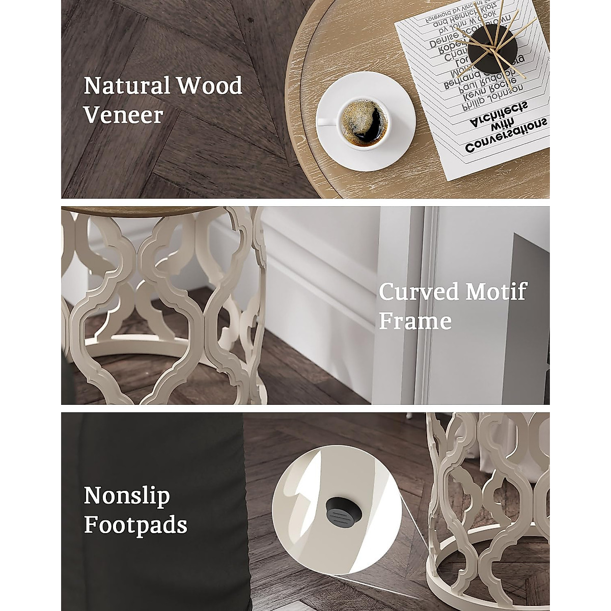 VONLUCE Farmhouse End Table,17.7'' Round French Country Side Table,Distressed Wood Tray Top Rustic Accent Table with Lipped Edge for Living Room Dining Room Bedroom,Small Space,Beige