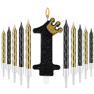 13 Pieces Celebration Candle Set Including Black Glitter Number 1 Birthday Candle with Crown 6 Pcs Black Spiral Candle 6 Pcs Gold Thin Spiral Cake Candles for Birthday Kids Cake Topper Party Supply
