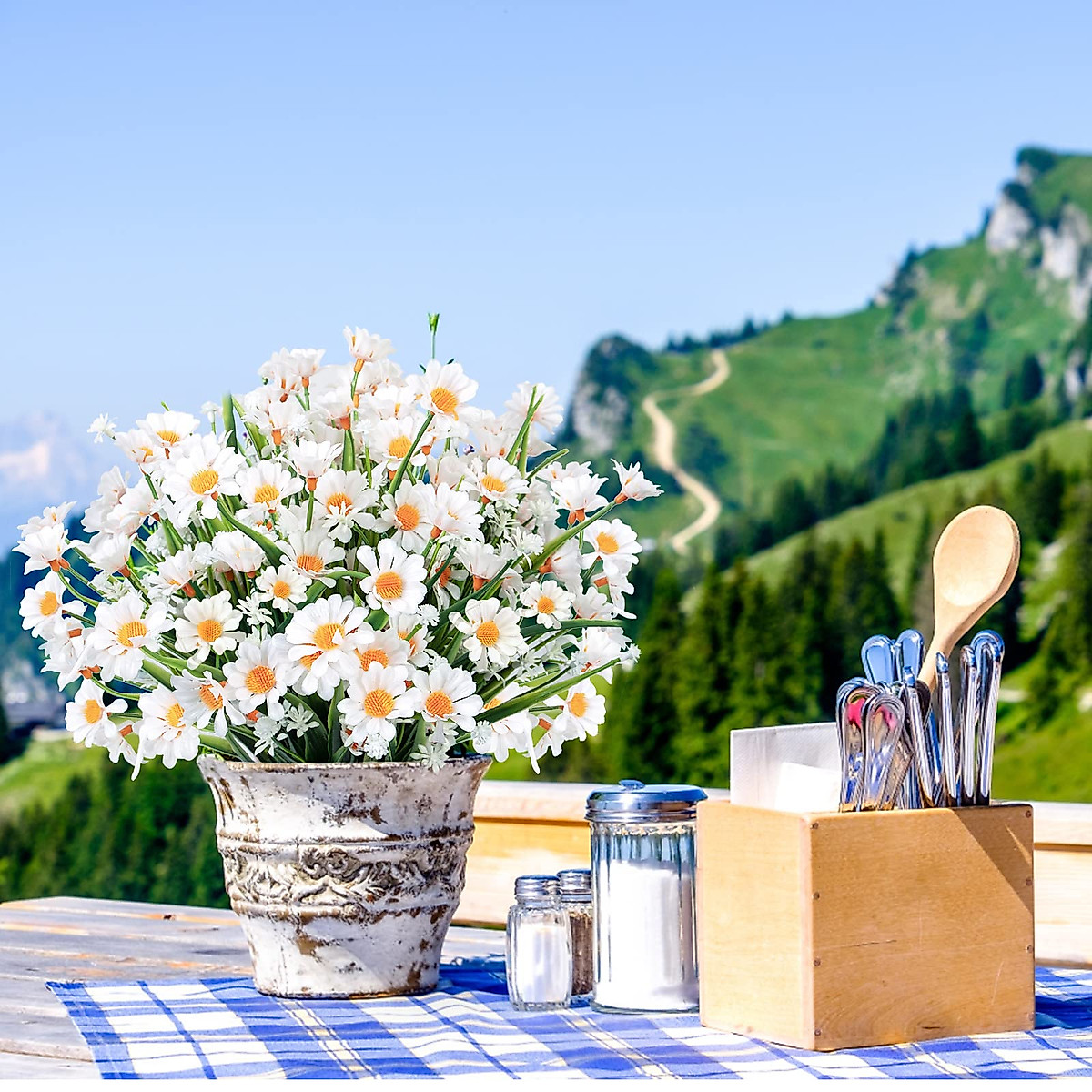 8 Bundles Artificial Daisy Flowers Fake White Daisies Plants Greenery Stems UV Resistant Cemetery Flowers for Spring Decor Outdoors Indoor Party Garden Hanging Planter Window Box Decorations