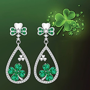 St Patricks Day Shamrock Earrings for Women Sterling Silver Studs Hypoallergenic Four Leaf Clover Green CZ Drop Dangle Earrings Jewelry Gifts