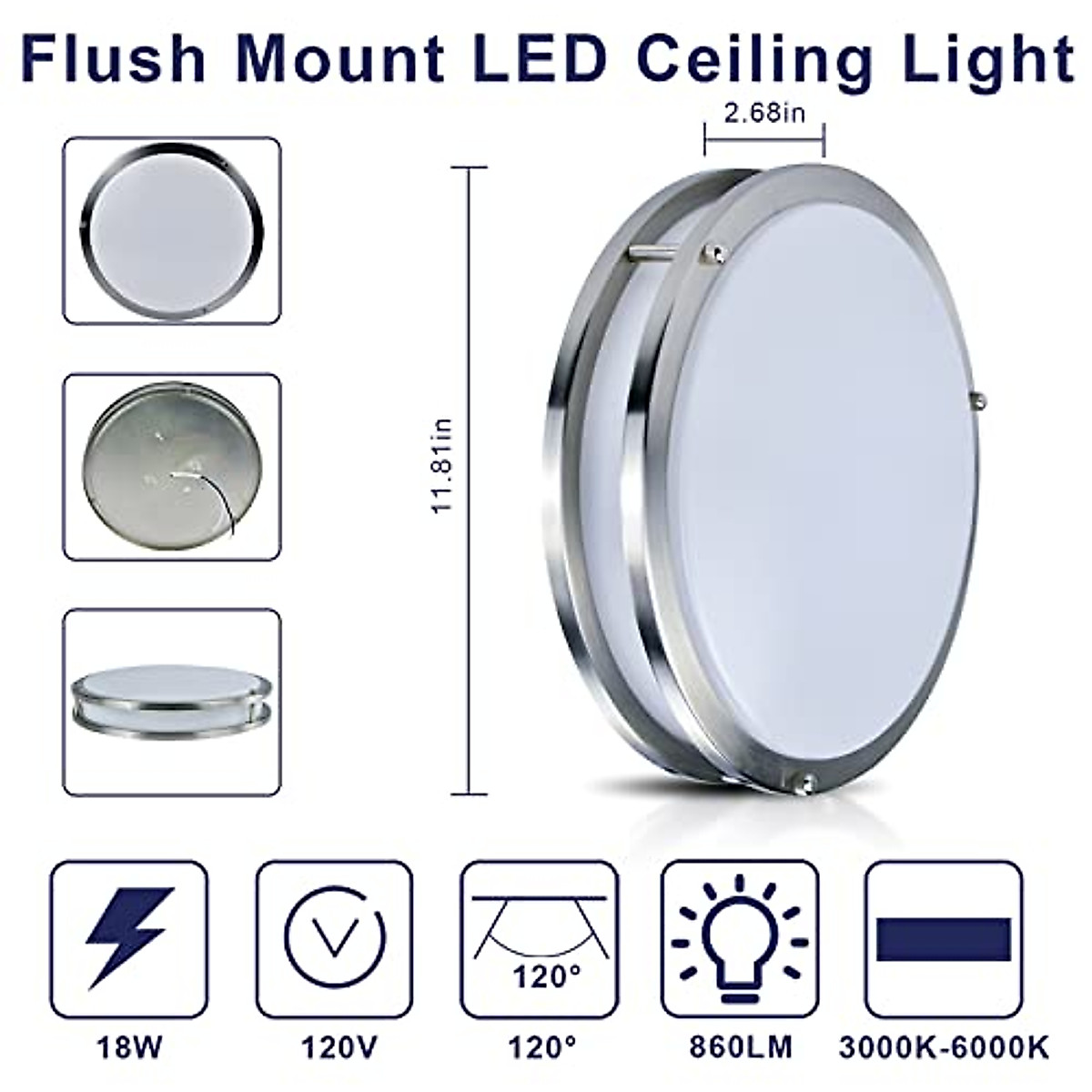 Arcfox 18W LED Flush Mount Ceiling Light Fixture 12 inch 860lm 5CCT Selectable 3000K/3500K/4000K/5000K/6000K Modern Ceiling Lamp Dimmable for Dining Room Hallway Bedroom Living Room