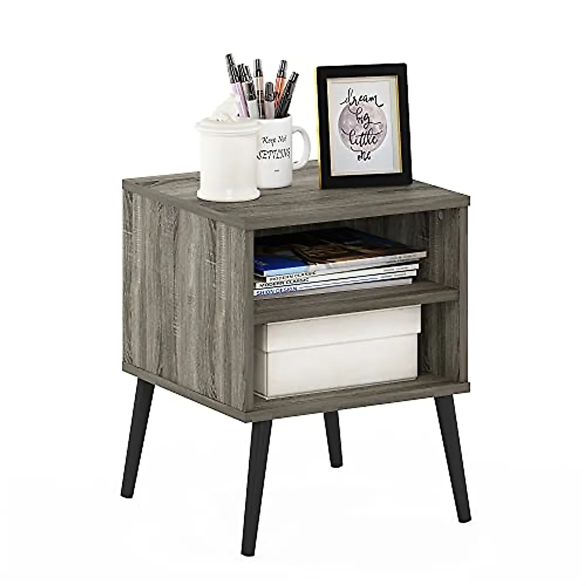 Furinno Claude Mid Century Style End Table with Wood Legs, French Oak Grey