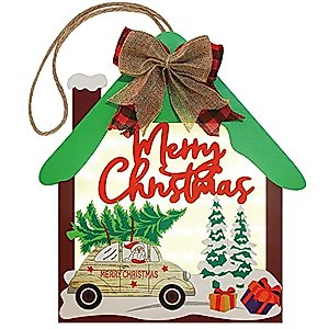 KIMOBER Lighted Merry Christmas Hanging Sign,Battery Operated Rustic Wooden Cabin Hanging Xmas Sign for Front Door Outdoor Indoor Decorations