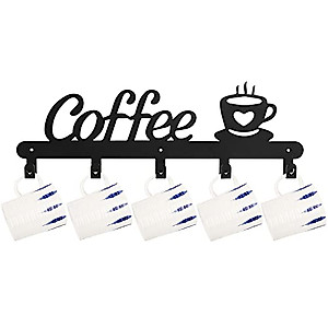 TOPZEA Coffee Mug Holder Wall Mounted, Metal Coffee Mugs Hanger Display Rack with 5 Hooks, Hanging Cup Storage Organizer Decorative Coffee Sign Decor for Kitchen, Coffee Bar Station Accessories