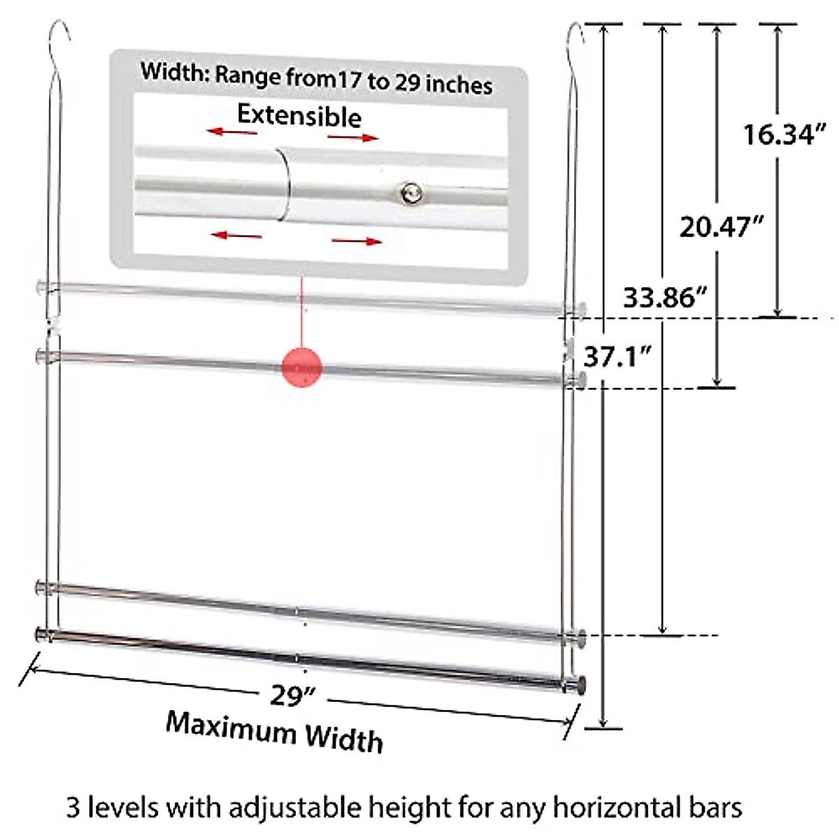 STORAGE MANIAC Hanging Closet Rod, Adjustable Width and Height Closet Hanging Organizer, Space-Saving Clothes Hanging Bar, Closet Extender Hanging Rod Double Closet Hanging Rod, 2 Pack Chrome