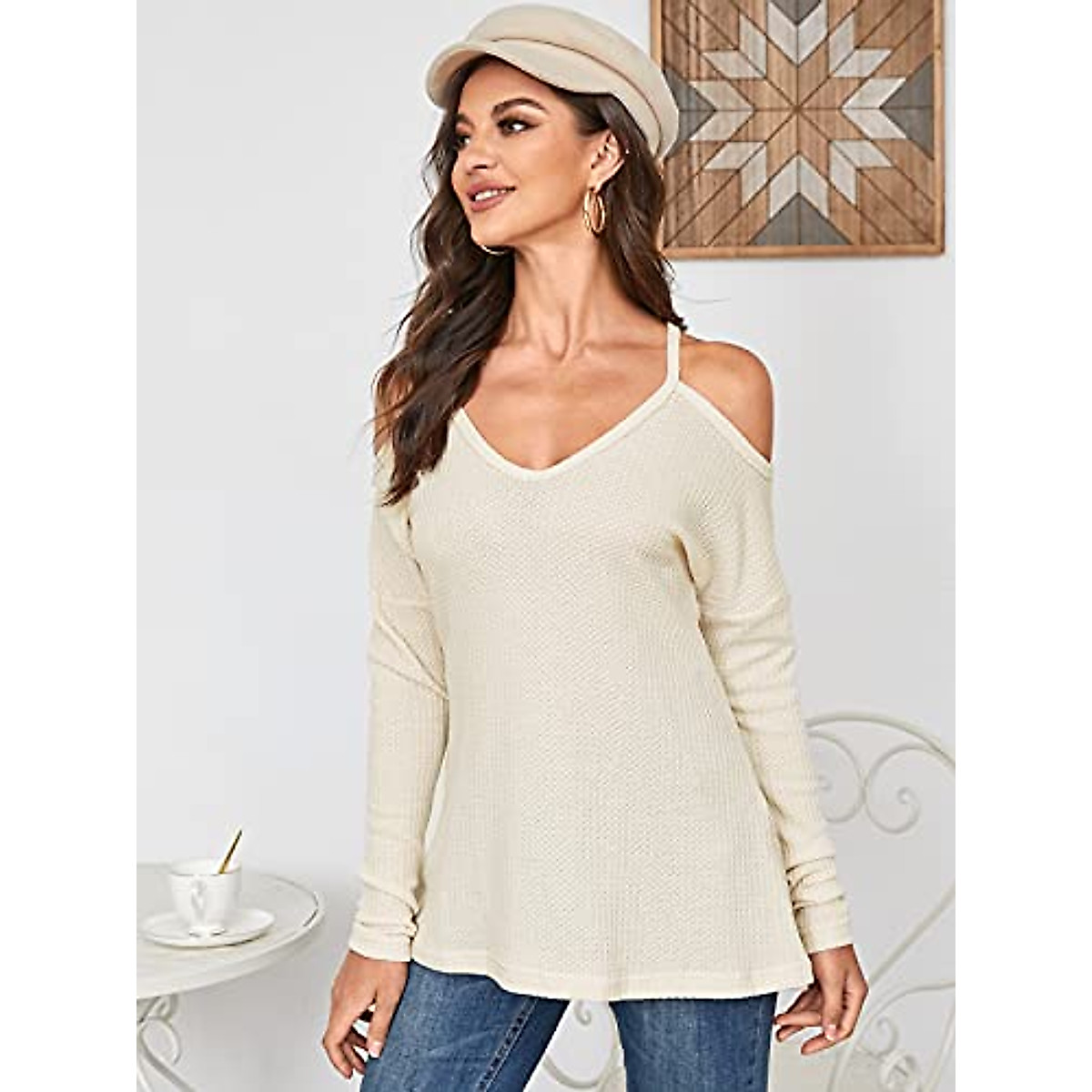 YOINS Pullover Sweaters for Women Jumpers Sexy V Neck Cold Shoulder Long Sleeves Casual Loose Fashion Knitted Tee Tops Blouse NEWVSN001-Beige S