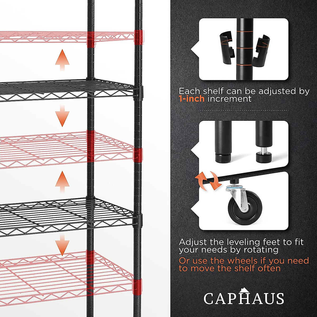 CAPHAUS 4-Tier Commercial Grade Heavy Duty Adjustable Height Wire Shelving w/Wheels & Leveling Feet, Storage Metal Steel Shelf, Garage Shelving Storage, Utility Wire Rack Storage Shelving Unit, 60”W