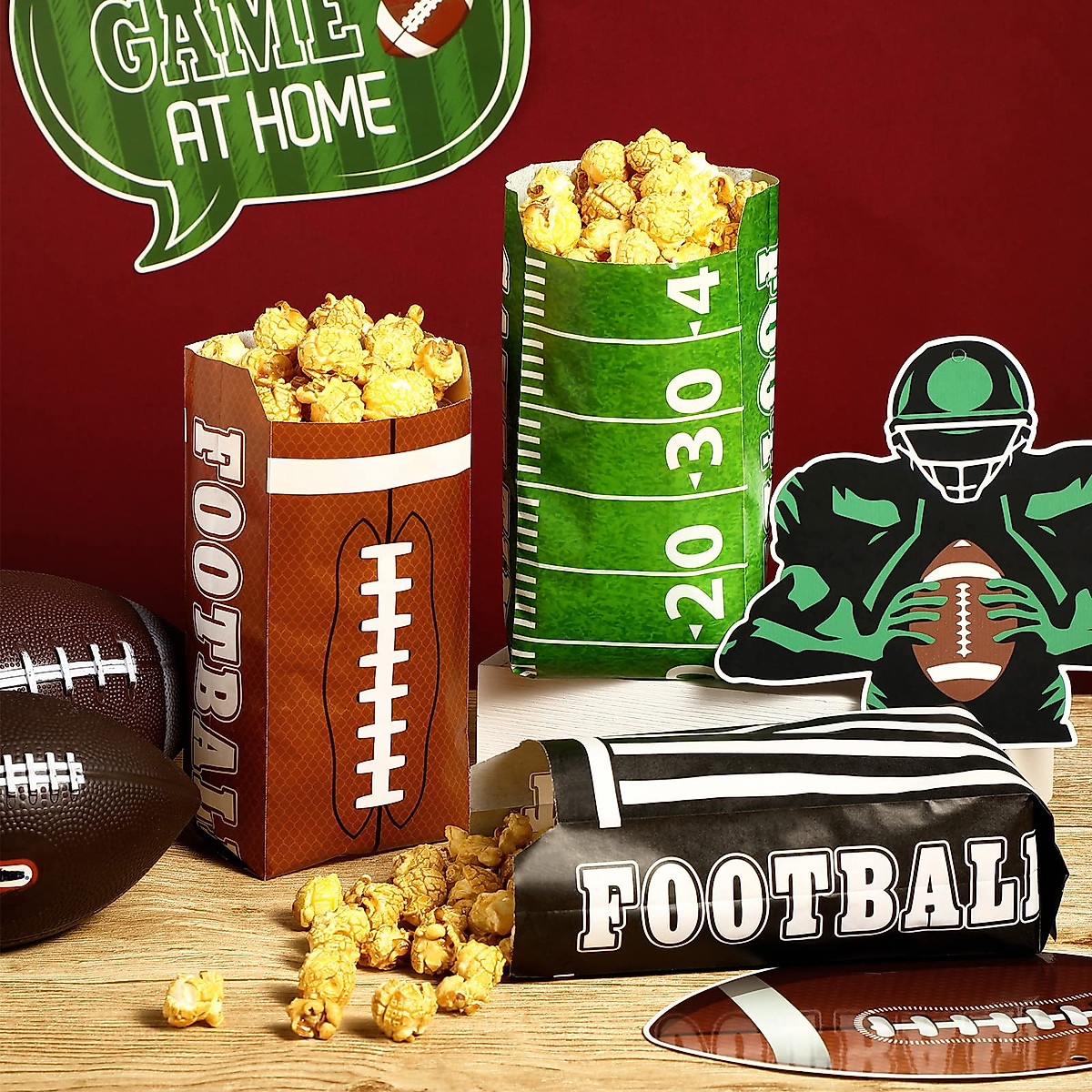 300 Pcs Football Popcorn Bags Football Candy Treat Bags Football Party Popcorn Boxes Football Popcorn Holder Football Paper Favor Bags for Football Theme Birthday Party Baby Shower Supplies