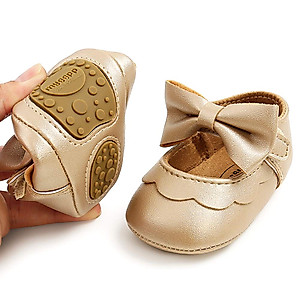 LAFEGEN Baby Girls Mary Jane Flats with Bownot Non Slip Soft Sole PU Leather Newborn Infant Toddler First Walker Cirb Dress Shoes, (07 Gold,0-6 Months Infant)