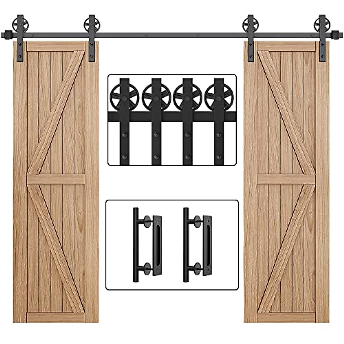 WINSOON 8FT Wood Double Sliding Barn Door Hardware Basic Black Big Spoke Wheel Roller Kit with 2PCS 12 Inch Sliding Barn Door Handles Black Hardware with Pull and Flush Barn Door Handle Set