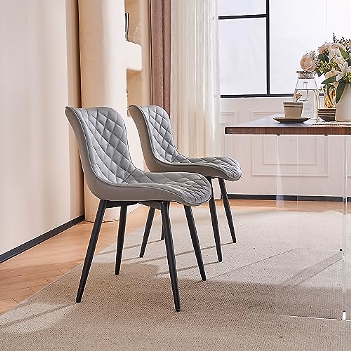 Kidol & Shellder Upholstered Dining Chairs Set of 2 Kitchen Dining Room Chairs Mid Century Modern Kitchen Chairs Dining Table Chairs Faux Leather Side Chair for Waiting Living Room Bedroom(Gray)