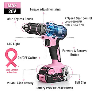 WORKPRO 20V Pink Cordless Drill Driver Set, 3/8” Keyless Chuck, 2.0 Ah Li-ion Battery, 1 Hour Fast Charger and 11-inch Storage Bag Included