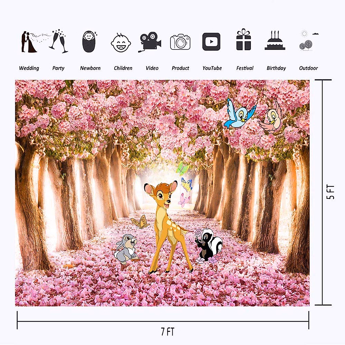 Bambi Backdrop for 1st Birthday Party 7x5 Pink Flowers Bambi and Butterfly Baby Shower Background for Girl Vinyl Spring Forest Bambi Themed Happy Birthday Backdrops for Kids