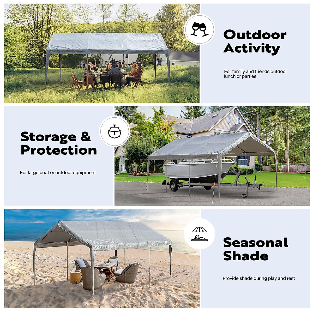 VIVOHOME 12x20ft Carport Replacement Canopy Cover, 180G Waterproof & UV Protected Tarp with 44 Elastic Buckles Suit for Garage Shelter, Frame is Not Included