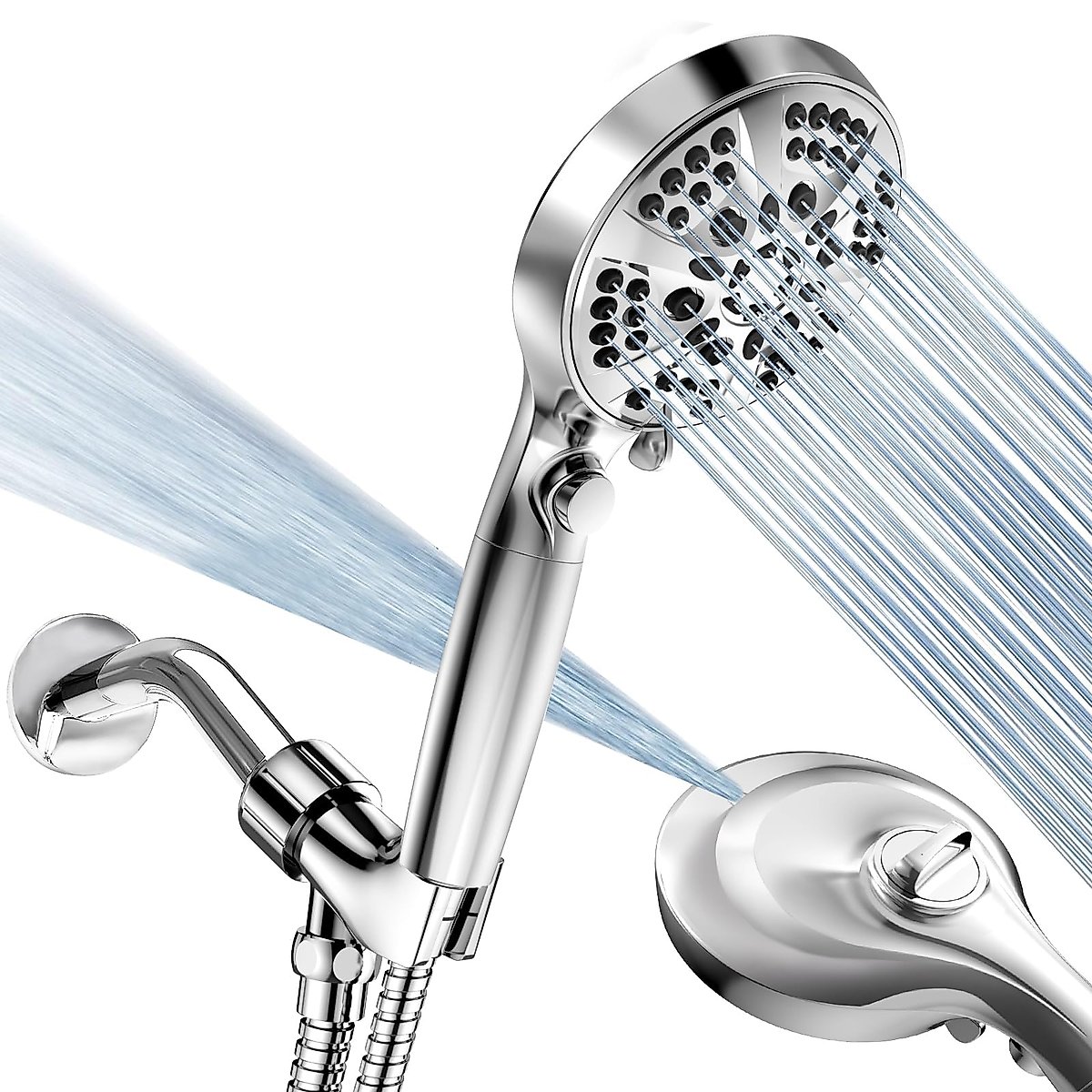 High Pressure 10-mode Handheld Shower Head Set with 60" Hose, ROOSSI Detachable Filter Shower Head with ON/OFF Pause Switch Built-in 2-Mode Tub & Tile Power Wash (Chrome）