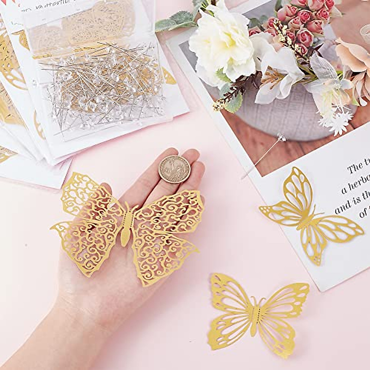 CHGCRAFT 160Pcs 5Styles Bouquet Wedding Corsages Pins 3D Gold Butterfly Wall Decor Include 100Pcs Head Pins 60Pcs 3D Gold Removable Butterfly Sticker for Birthday Party Wedding Garland