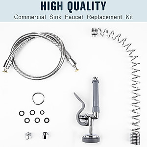 Spray Valve with 38” Commercial Sink Sprayer Hose and Pre Rinse Hose Spring, Pre Rinse Sprayer with Flexible Stainless Steel Hose & Spring Assembly for Commercial Kitchen Faucets (Grey)