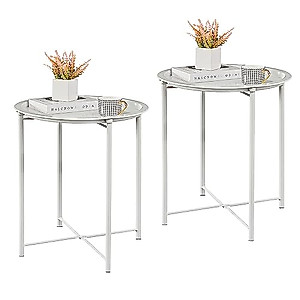 VECELO Modern End Side Tables,Round Metal Foldable Tray,Stable Snack Nightstand for Outdoors,Small Space,Living Room and Balcony, 18.5 in x 18.5 in x 19.7 in, Beige Set of 2