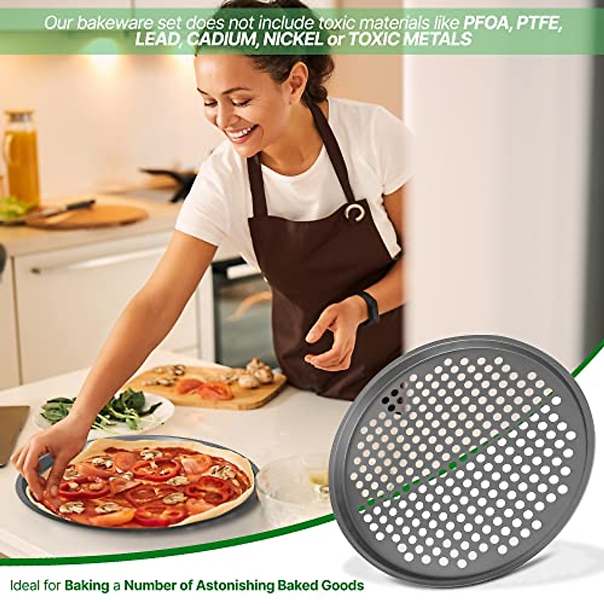 NutriChef 12.8 Inch Nonstick Pizza Pan for Oven - Carbon Steel Pizza Baking Tray with Airflow Holes - Premium Bakeware for Fresh & Frozen Pizza, Dishwasher Safe - Gray