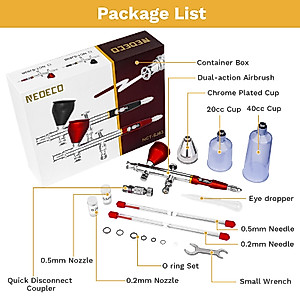 NEOECO SJ83 Airbrush, Self-Centring Plug-in Nozzle，0.2, 0.3 & 0.5mm Nozzle Sets and 1/3 oz Cup, Dual-Action Gravity Feed Airbrush with 1/3 oz,2/3 oz,4/3 oz Replacement Cups (RED)