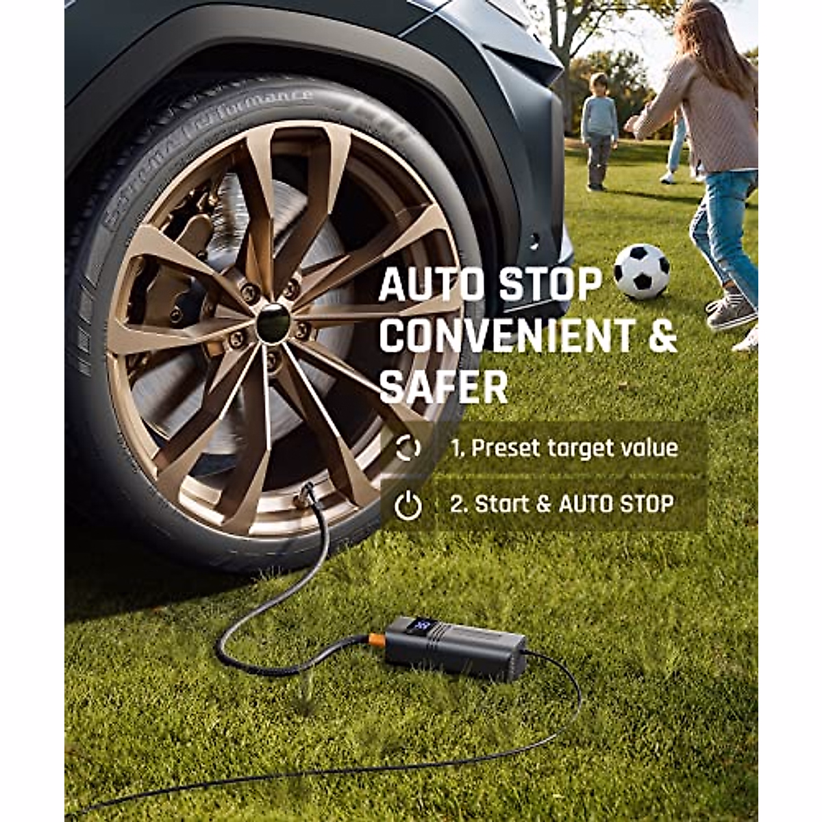 Tire Inflator Portable Air Compressor 38L/min Super Fast Inflate RYSEAB 12V DC Air [pump] for [Car] Tires[Powerful & Small][Car] Tire Pump LED Light for Ball Moto Bike