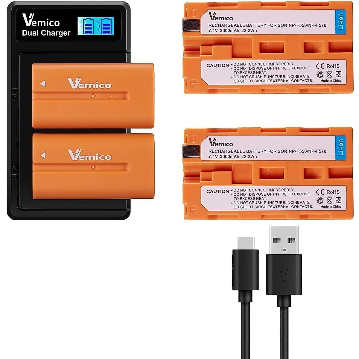 Vemico NP-F550 Battery Charger Kit with 3000mah F570 Batteries 2 Pack, 2-Slot USB-C Charger for NP F970/F960/F750/F570/F530/F33