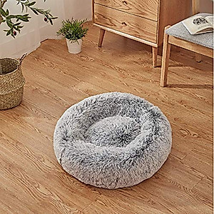 Eterish 23 inches Fluffy Round Calming Dog Bed Plush Faux Fur, Anxiety Donut Dog Bed for Small Dogs and Cats, Pet Cat Bed with Raised Rim, Machine Washable, Light Grey