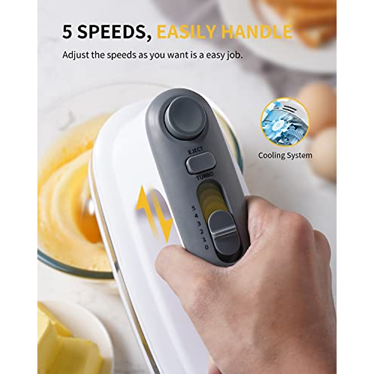 SHARDOR Electric Hand Mixer, 5 Speed & Turbo Electric Mixer with 5 Stainless Steel Accessories, Handheld Mixer for Whipping, Mixing Cookies, Brownie, Cakes, Dough Batters, Snap-On Storage Case, Silver